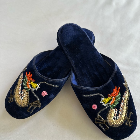 Shoes | Embroidered Blue Velvet Womens Slippers | Poshmark